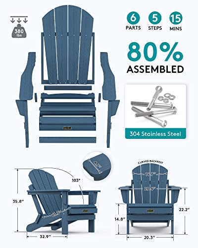 SERWALL Folding Adirondack Chairs Weather Resistant for Outdoor, Patio, Lawn, Garden, Backyard Deck, Fire Pit - Blue