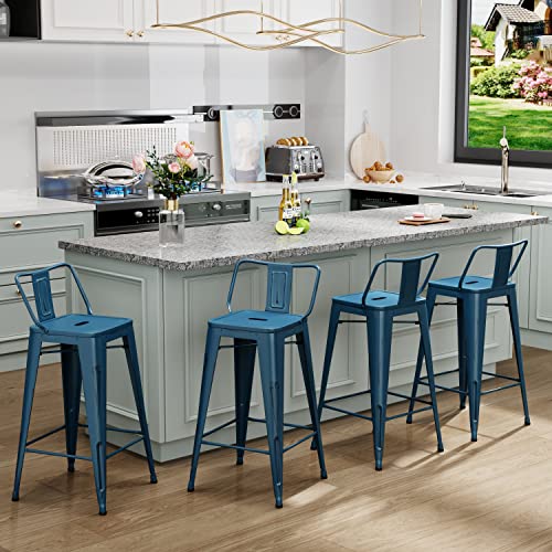 Aklaus Metal Bar Stools Set of 4 Barstools Bar Height Bar Stools with Back Industrial Bar Stool Indoor Outdoor Stools Kitchen Dining Chairs Modern Bar Chairs Distressed Navy Blue 30inch Stools