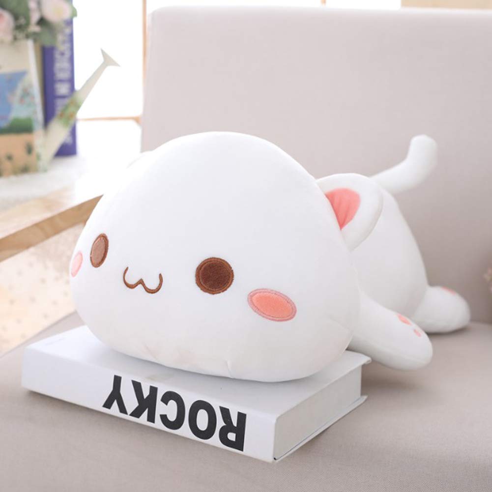 Jensquaify Cat Stuffed Animals, Soft Cat Plush Pillow Kawaii Kitten Stuffed Animal Toy Gifts for Kids (White Round Eyes, 13.7")