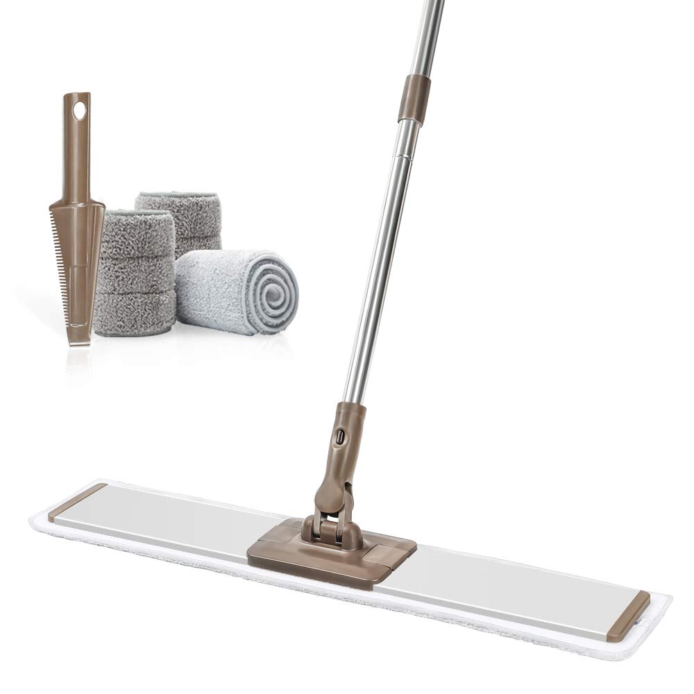 CQT Commercial Flat Microfiber Floor Mop Cleaning System 24" Inch Wet Dry and Dust Hardwood with 4 Washable Pads Cleaner for Laminate Tile Stainless Steel Handle and Extension (PT14 Brown)