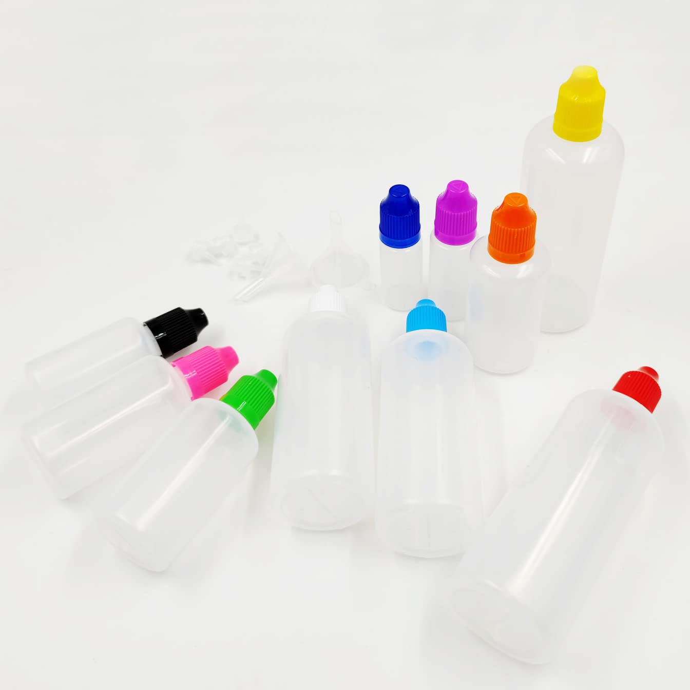 NANSHINE 120MLx10 LDPE Plastic Dropper Bottles Empty Squeeze Liquid Eye Dripper Containers with Child Resistant Cap (Bottles + Mixing Color Caps + Tips+label)