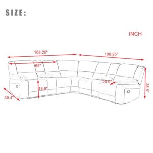 FREESNOOZE Manual Reclining Sectional Sofa Recliner Sofa with Cup Holders and 2 Storage Consoles for Living Room Furniture(PU Grey)