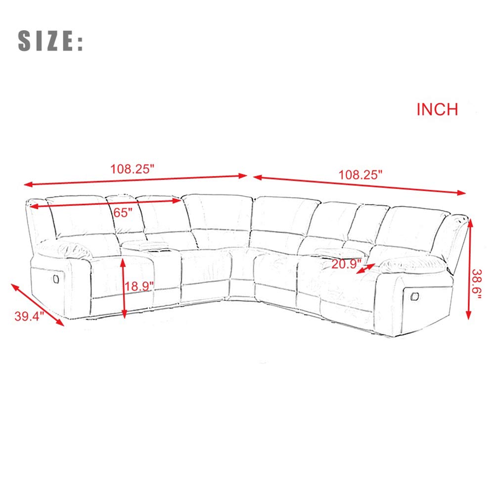 FREESNOOZE Manual Reclining Sectional Sofa Recliner Sofa with Cup Holders and 2 Storage Consoles for Living Room Furniture(PU Grey)