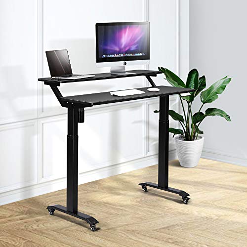 UNICOO Electric Height Adjustable 2-Tier Raising Desk with Wheels, Mobile Standing Desk with Monitor Stand, Ergonomic Adjustable Standing Desk, Electric Standing Game Desk for Home Office