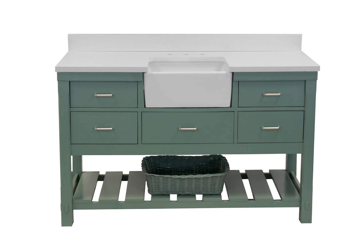 Kitchen Bath Collection Charlotte 60-inch Single Bathroom Vanity (Quartz/Sage Green): Includes Sage Green Cabinet with Stunning Quartz Countertop and White Ceramic Farmhouse Apron Sink