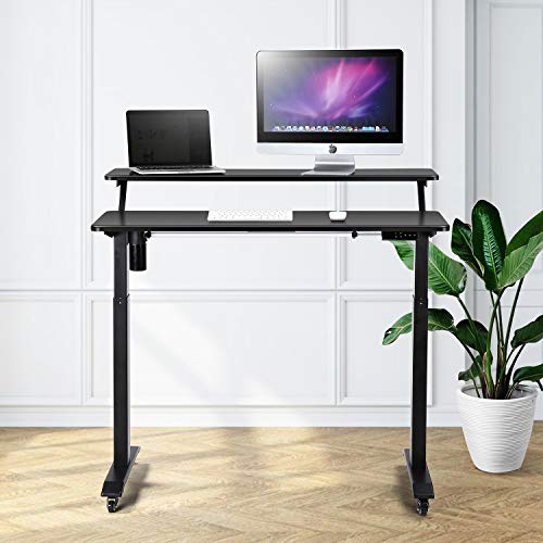 UNICOO Electric Height Adjustable 2-Tier Raising Desk with Wheels, Mobile Standing Desk with Monitor Stand, Ergonomic Adjustable Standing Desk, Electric Standing Game Desk for Home Office