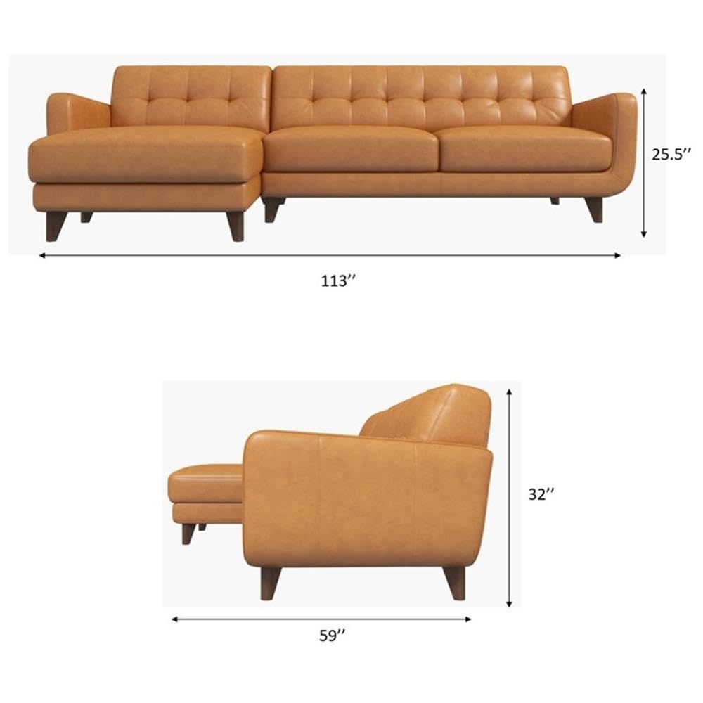 ASHCROFT Elva Mid Century L-Shaped Genuine Leather Left Facing Chaise Sectional, Light Brown Tufted Tight Back Sectional Sofa for Living Room Waiting Area Office Apartment Dorm Home, Tan