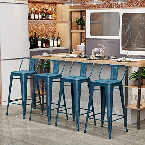 Aklaus Metal Bar Stools Set of 4 Barstools Bar Height Bar Stools with Back Industrial Bar Stool Indoor Outdoor Stools Kitchen Dining Chairs Modern Bar Chairs Distressed Navy Blue 30inch Stools