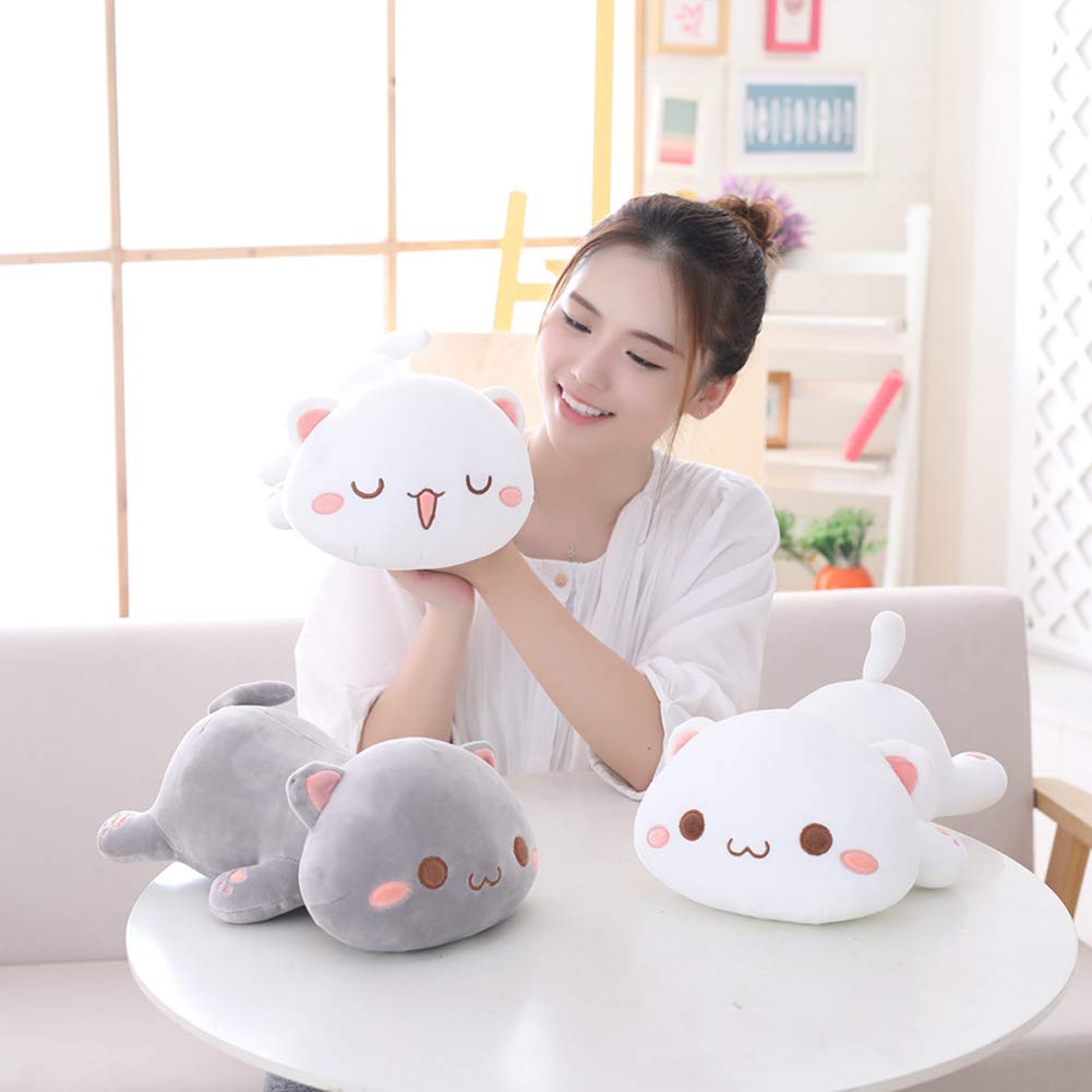 Jensquaify Cat Stuffed Animals, Soft Cat Plush Pillow Kawaii Kitten Stuffed Animal Toy Gifts for Kids (White Round Eyes, 13.7")