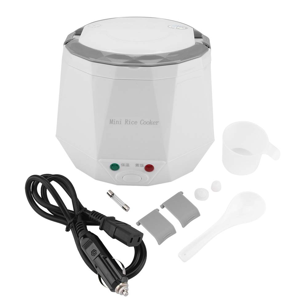 1.3 L Electric Portable Multifunctional Rice Cooker Non-stick Pot Keep Warm Food Steamer for Cars Home Student Dormitory for 1-2 People 12V 100W (White)