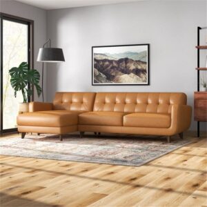 ASHCROFT Elva Mid Century L-Shaped Genuine Leather Left Facing Chaise Sectional, Light Brown Tufted Tight Back Sectional Sofa for Living Room Waiting Area Office Apartment Dorm Home, Tan