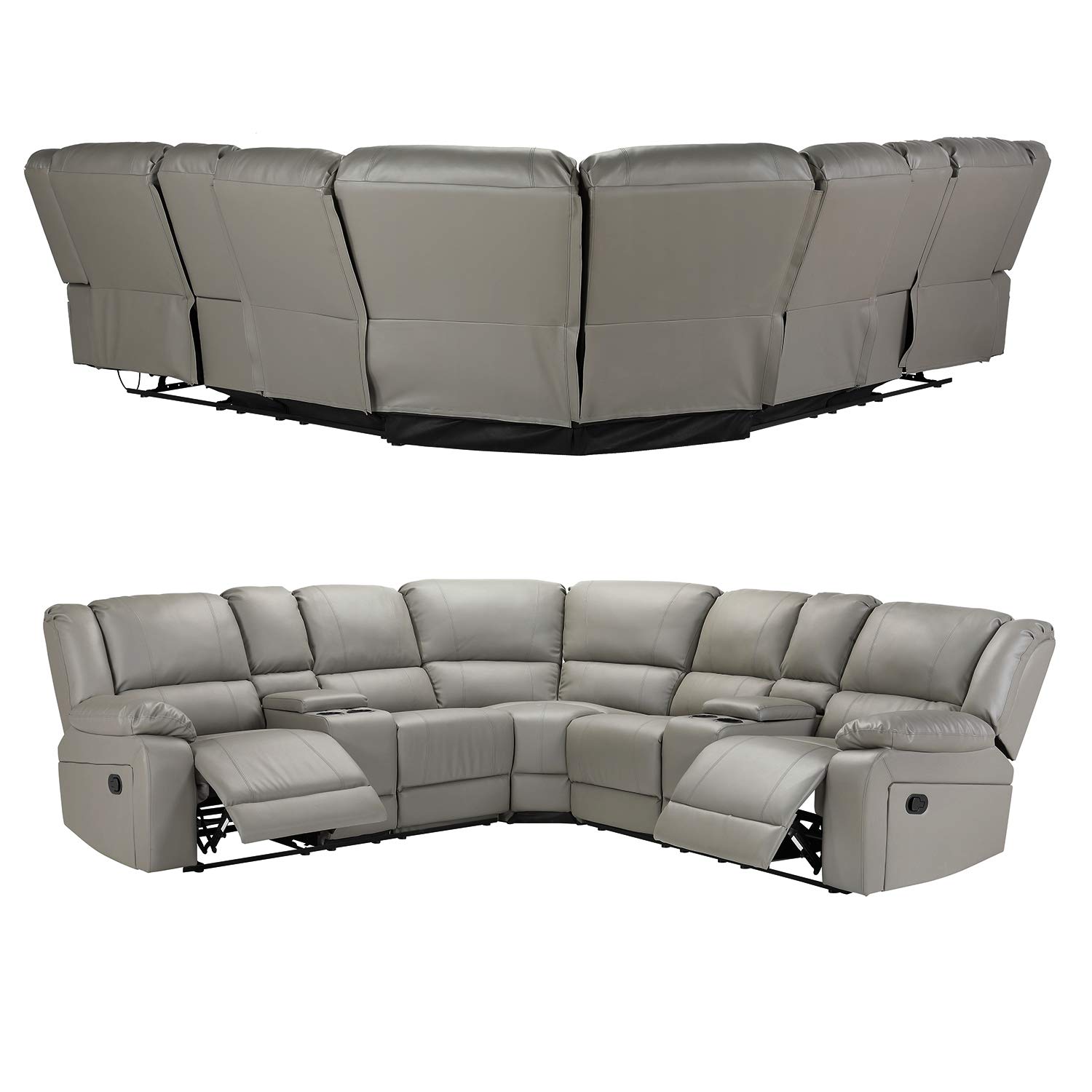 FREESNOOZE Manual Reclining Sectional Sofa Recliner Sofa with Cup Holders and 2 Storage Consoles for Living Room Furniture(PU Grey)