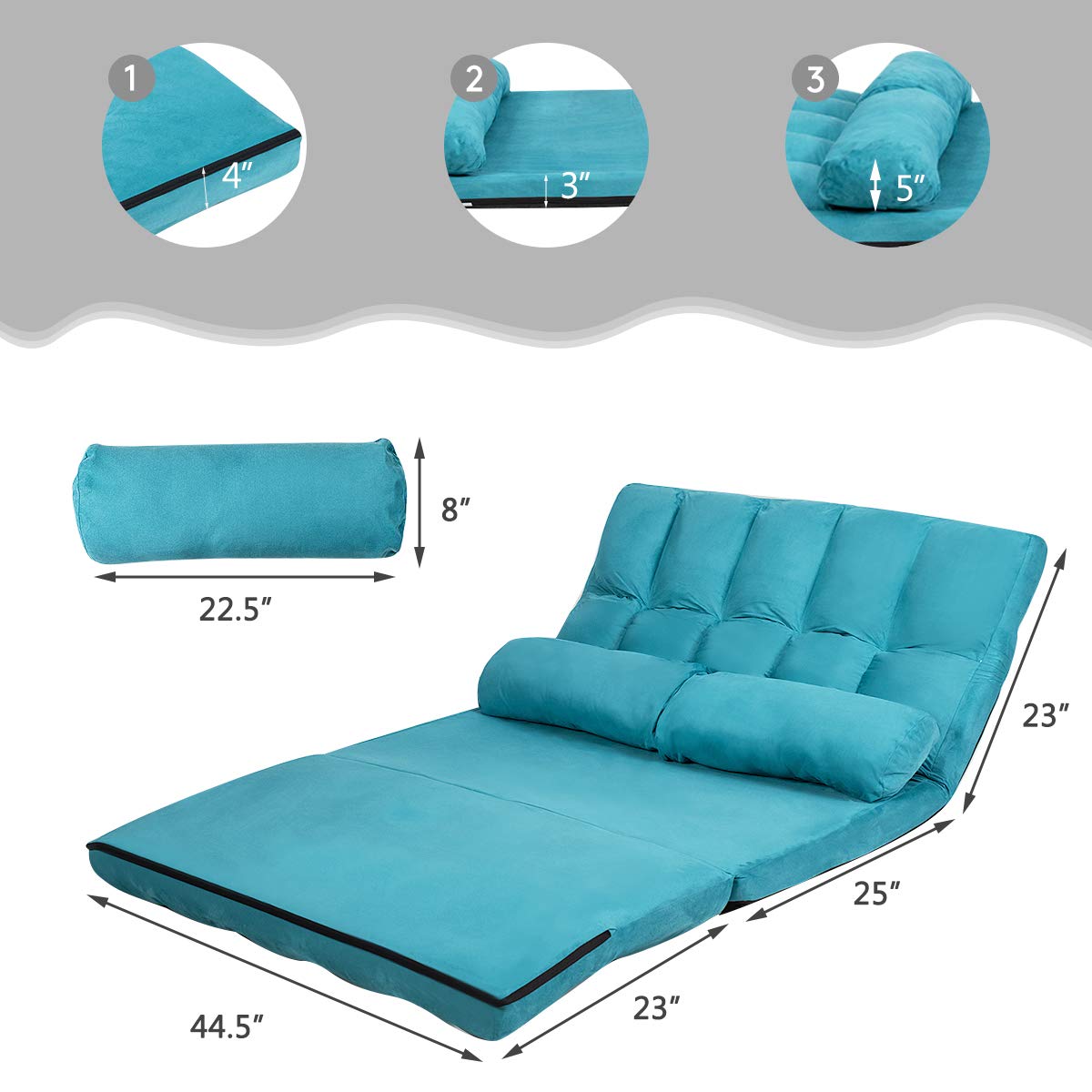 Giantex Adjustable Floor Sofa, Foldable Lazy Sofa Sleeper Bed 6-Position Adjustable, Suede Cloth Cover, Floor Gaming Sofa Couch with 2 Pillows for Bedroom/Living Room/Balcony (Blue)