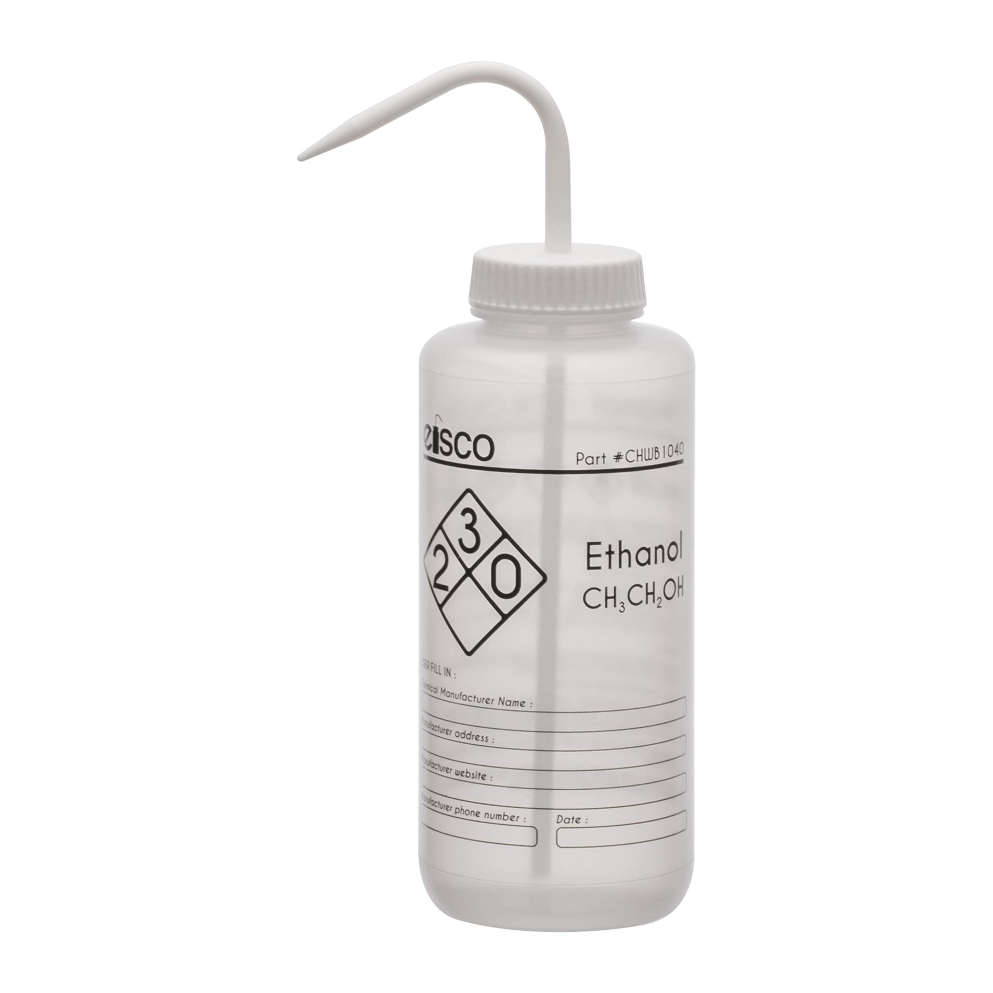 EISCO Wash Bottle for Ethanol, 1000ml - Labeled with Chemical Information & Safety Information (1 Color) - Wide Mouth, Self Venting, Low Density Polyethylene Labs