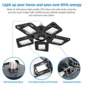 160W LED Garage Light, Super Brightness(16000LM) Garage Light with 5 Deformable LED Panels, 6000K Daylight Led Garage Ceiling Lights, Easy-Installation LED Lights for Garage,Workshop,Warehouse(2 Pack)