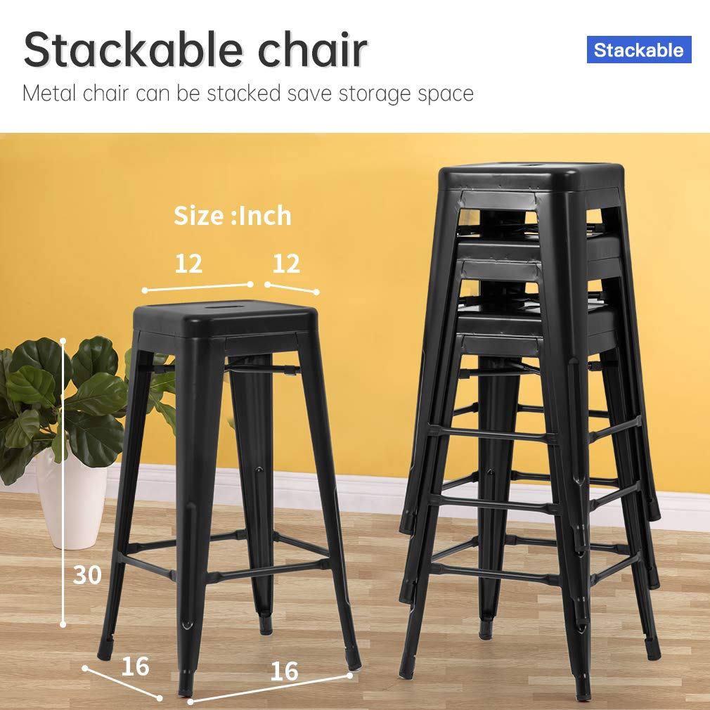 Vnewone 30 Inches Metal Bar Stools Set of 4 Counter Height Barstools Stackable Metal Chairs High Backless Dining Stool Bar Chair for Indoor Outdoor Patio Home Kitchen Black