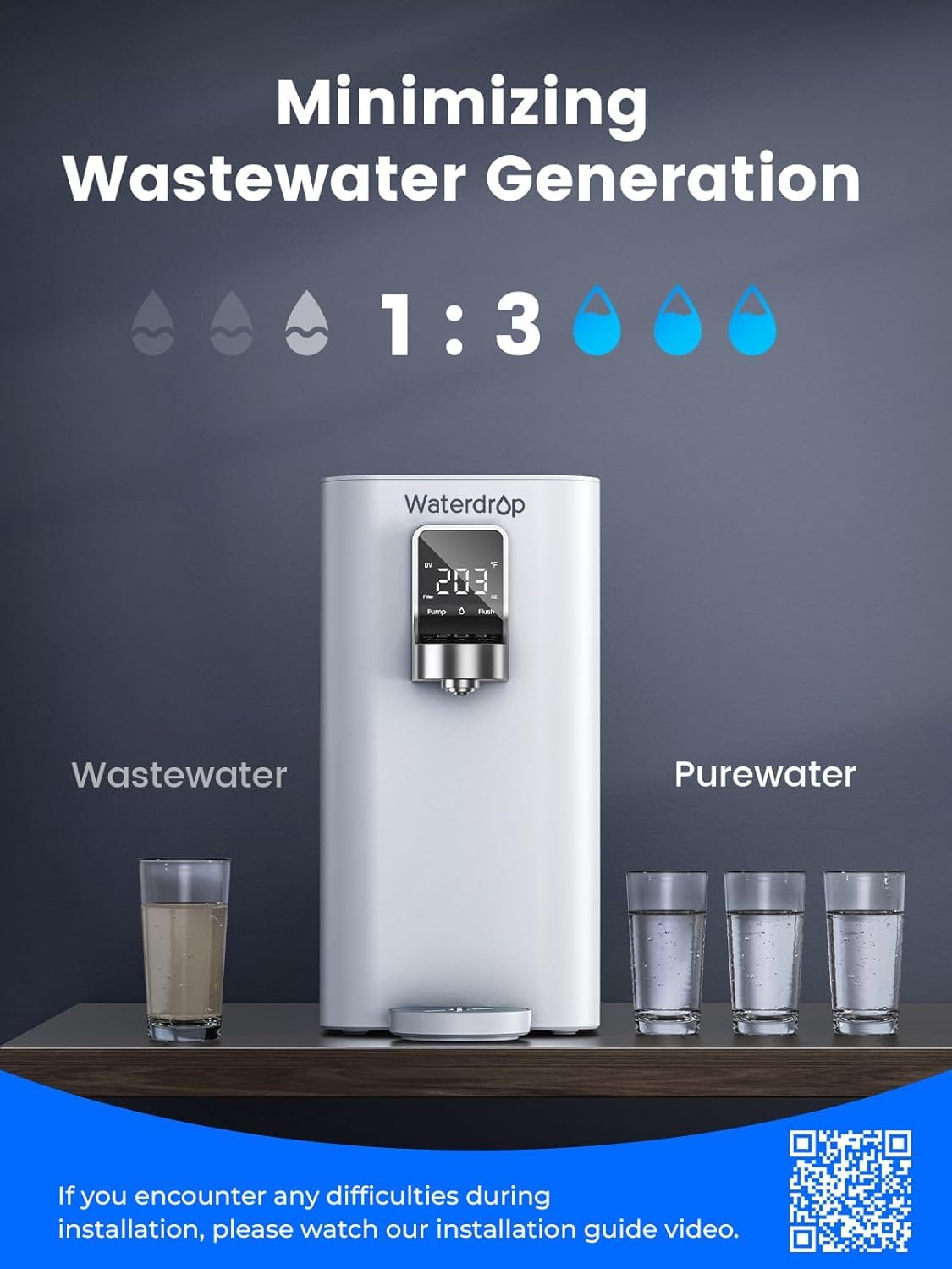 Waterdrop K19-H Countertop Reverse Osmosis System, Instant Hot Water Dispenser, Reverse Osmosis Water Filter Countertop, 3:1 Pure to Drain, 4 Temperature Options, No Installation