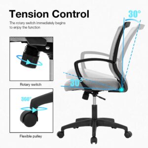 Ergonomic Office Chair Desk Computer Mesh Executive Task Rolling Gaming Swivel Modern Adjustable with Mid Back Lumbar Support Armrest for Home Women Men (Grey)