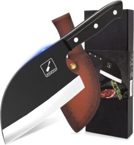 imarku butcher knife, 7 inch cleaver knife, hand-forged full tang serbian chef knife with leather sleeves, japan high carbon steel meat cleaver for kitchen, camping, christmas gifts