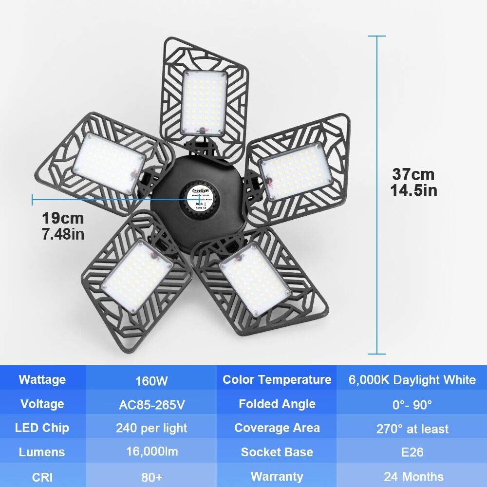 160W LED Garage Light, Super Brightness(16000LM) Garage Light with 5 Deformable LED Panels, 6000K Daylight Led Garage Ceiling Lights, Easy-Installation LED Lights for Garage,Workshop,Warehouse(2 Pack)