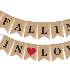 SWYOUN Burlap Falling in Love Banner with Maple Leaf Fall Autumn Wedding Supplies Engagement Bridal Shower Garland Decoration