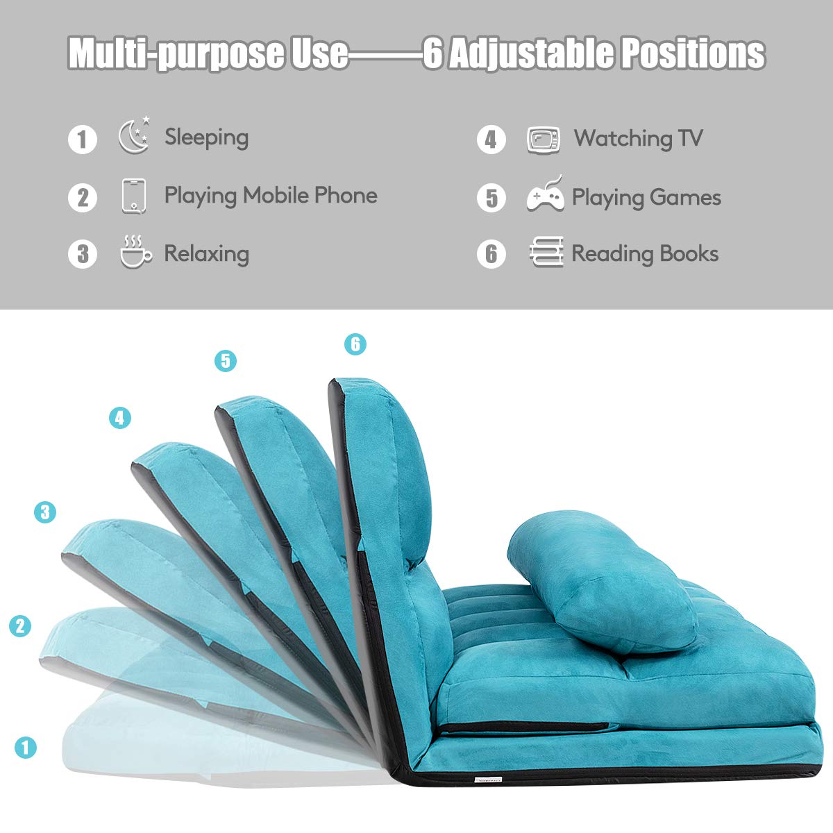 Giantex Adjustable Floor Sofa, Foldable Lazy Sofa Sleeper Bed 6-Position Adjustable, Suede Cloth Cover, Floor Gaming Sofa Couch with 2 Pillows for Bedroom/Living Room/Balcony (Blue)