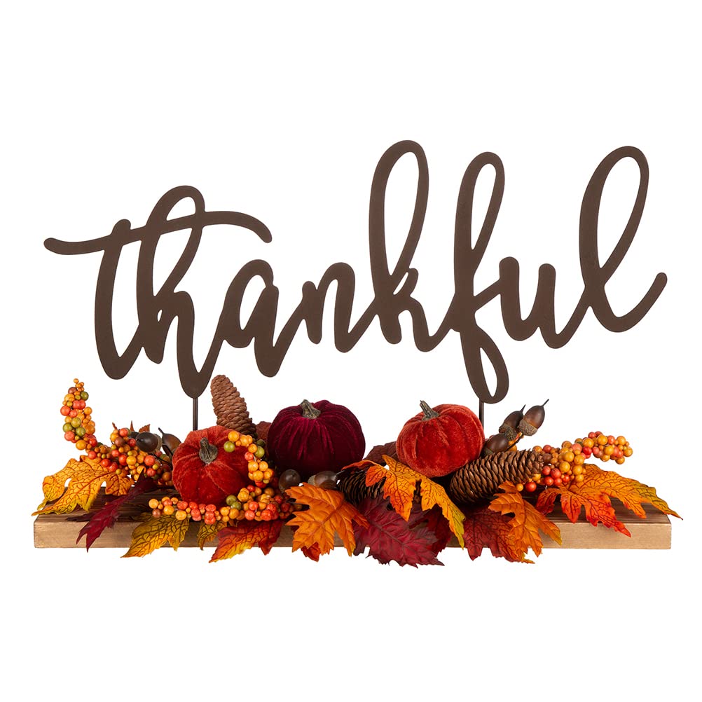 Glitzhome Autumn Harvest Table Centerpiece - Metal Thankful Sign with 24" L Artificial Floral Maple Leaves Pumpkins Pinecones and Berries Arrangement for Harvest Party Thanksgiving Fall Ornaments