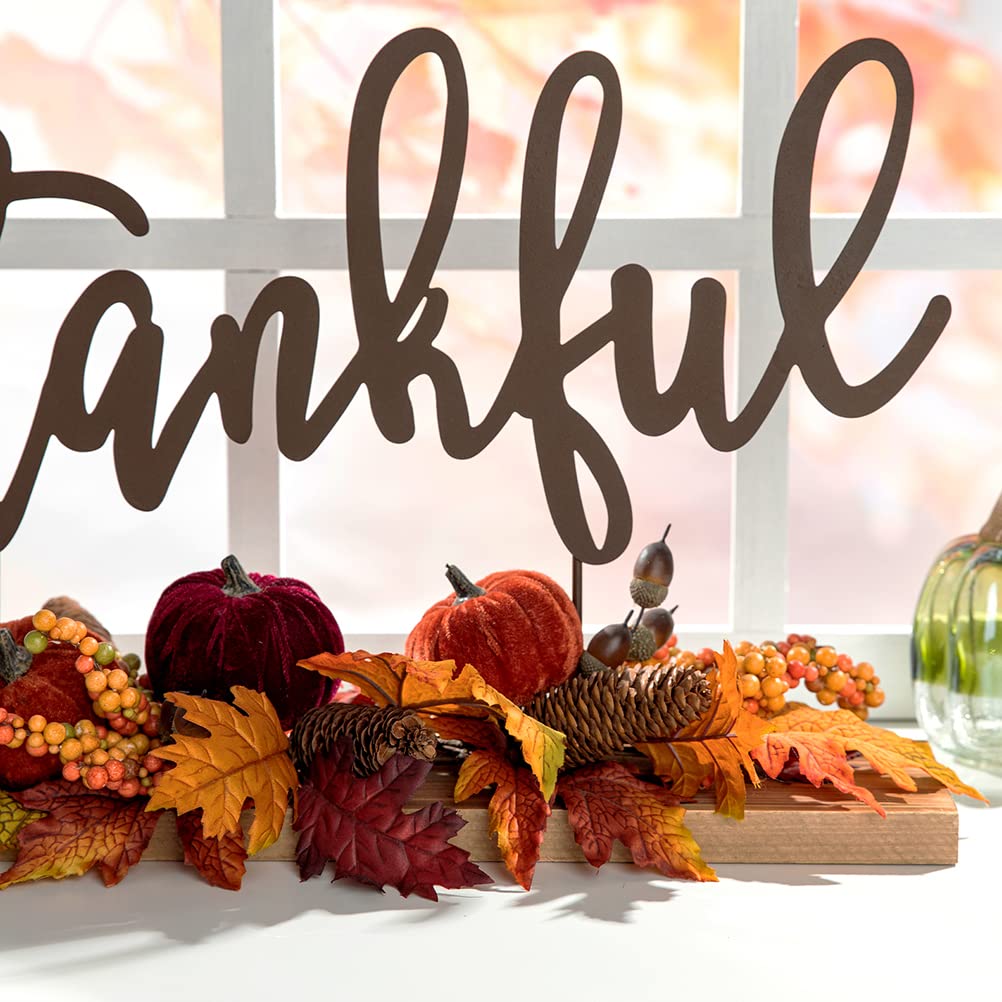 Glitzhome Autumn Harvest Table Centerpiece - Metal Thankful Sign with 24" L Artificial Floral Maple Leaves Pumpkins Pinecones and Berries Arrangement for Harvest Party Thanksgiving Fall Ornaments