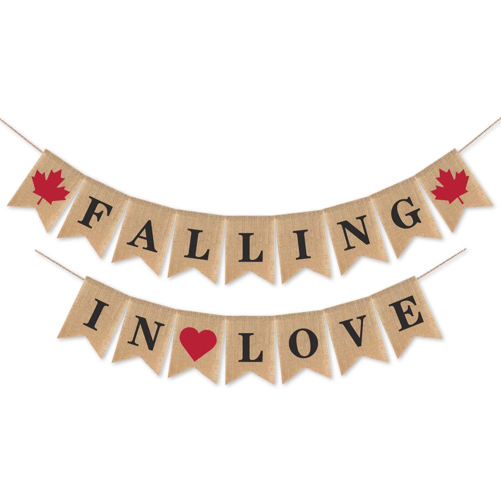 SWYOUN Burlap Falling in Love Banner with Maple Leaf Fall Autumn Wedding Supplies Engagement Bridal Shower Garland Decoration