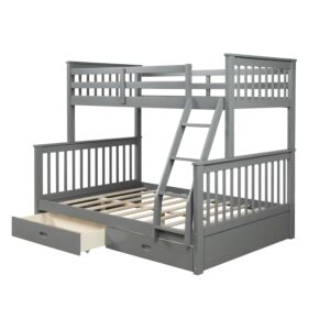 Twin Over Full Bunk Bed, Twin Over Full Bunk Bed with 2 Storage Drawers, Solid Wood Bunk Bed Frame with Guardrails and Ladder for Kids Boys Girls Teens Adults, No Box Spring Needed, Grey