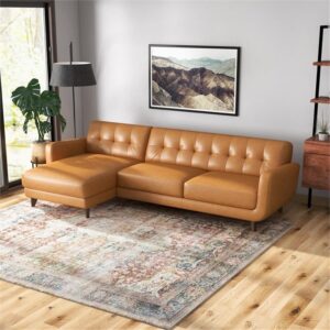 ASHCROFT Elva Mid Century L-Shaped Genuine Leather Left Facing Chaise Sectional, Light Brown Tufted Tight Back Sectional Sofa for Living Room Waiting Area Office Apartment Dorm Home, Tan