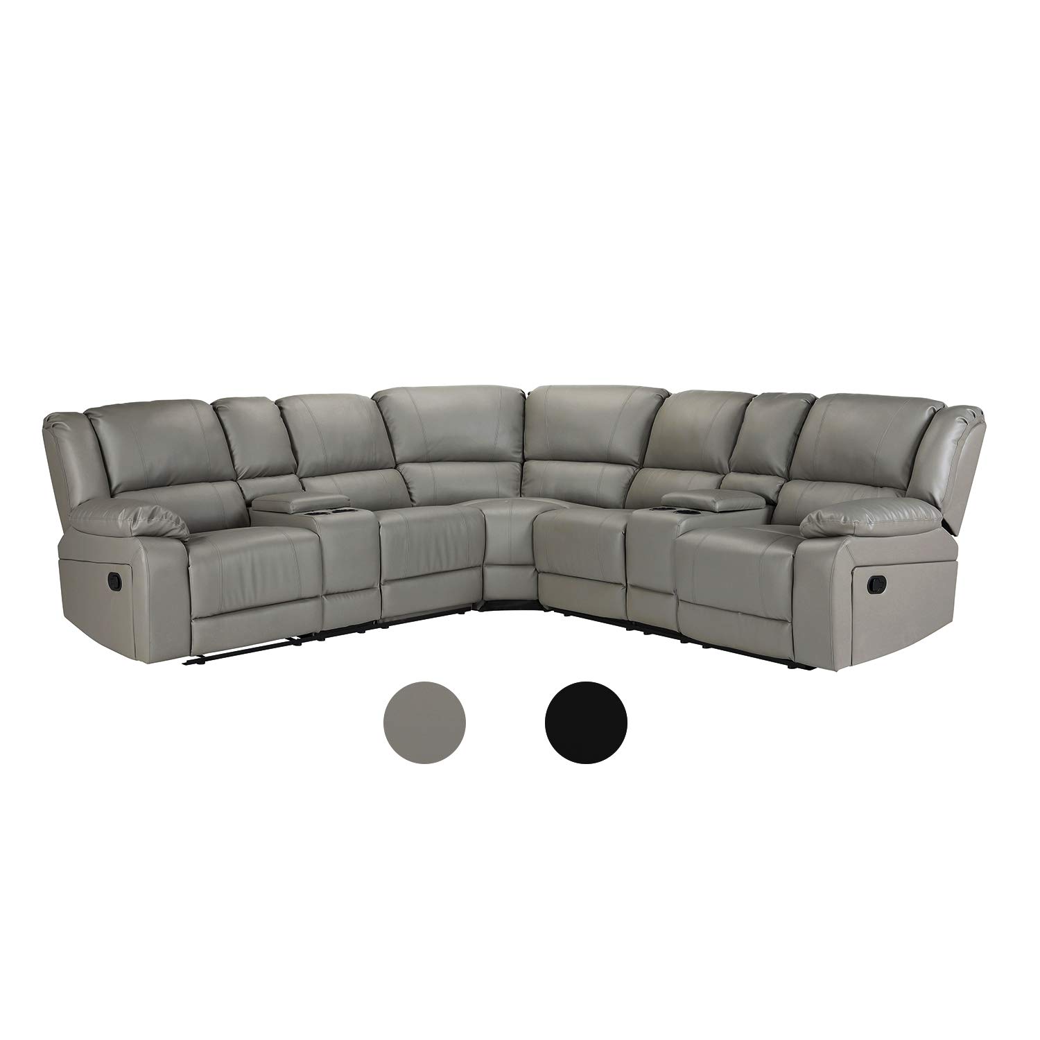 FREESNOOZE Manual Reclining Sectional Sofa Recliner Sofa with Cup Holders and 2 Storage Consoles for Living Room Furniture(PU Grey)