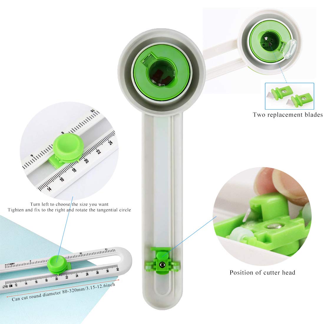 Circle Cutter Paper Trimmer Scrapbooking Circular Cutter Craft Cutting Tool, Rotary Cutter for Cardstocks (Included 3 Blades) (Green)