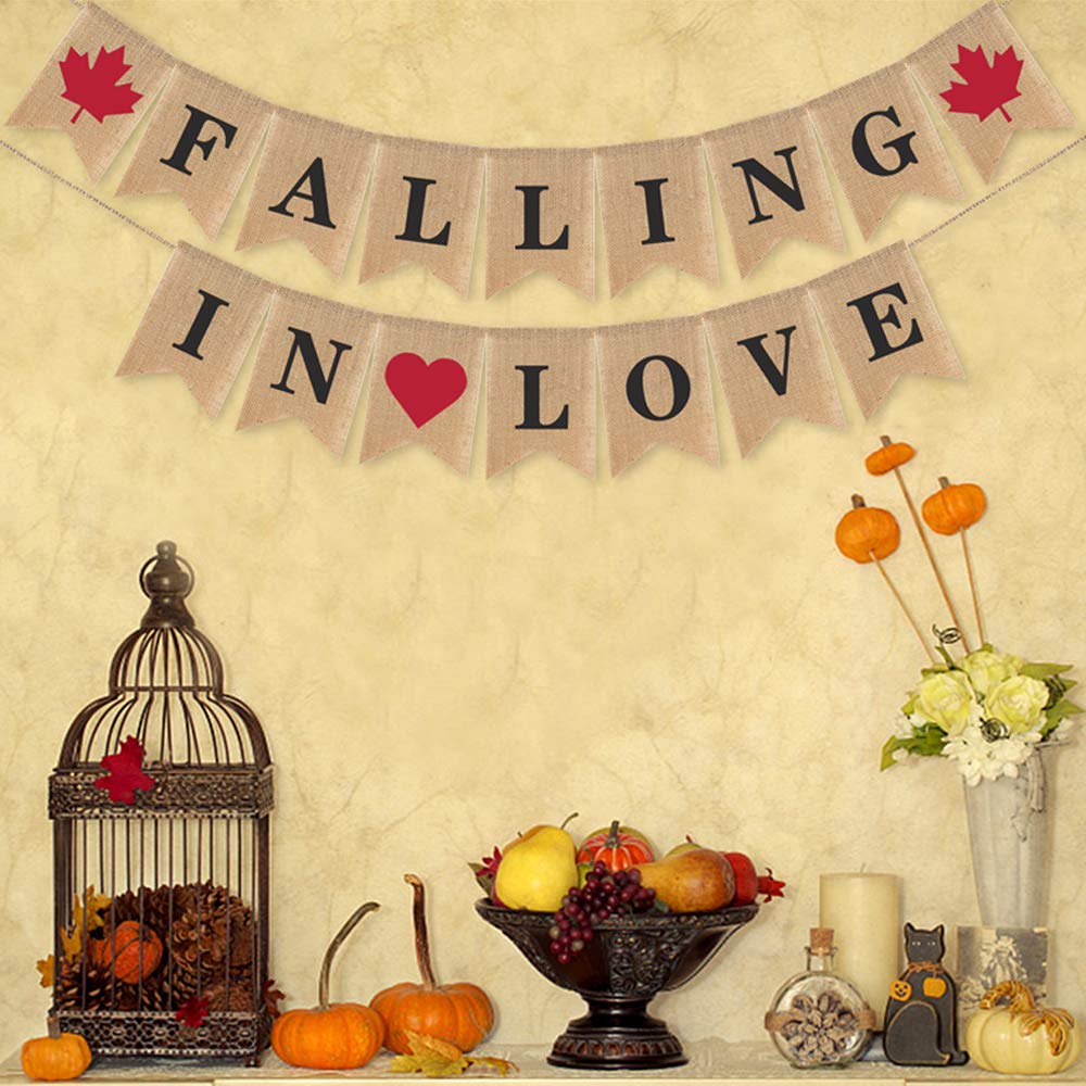 SWYOUN Burlap Falling in Love Banner with Maple Leaf Fall Autumn Wedding Supplies Engagement Bridal Shower Garland Decoration