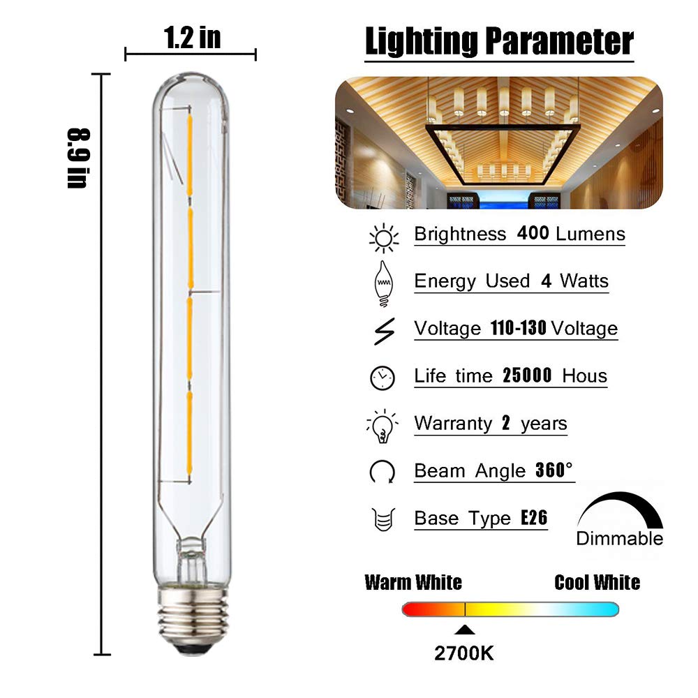 Leools T10 Led Long Bulbs,4W Dimmable Tubular Bulb,40 Watt Equivalent,E26 Edison Style Vintage LED Filament Light Bulb,2700K Warm White,8.9in(225mm),4-Pack.