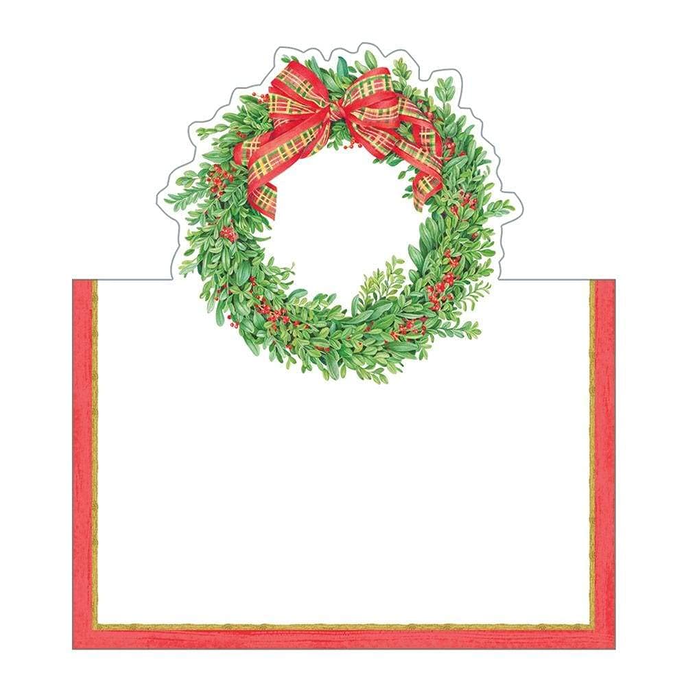 Caspari Boxwood and Berries Wreath Die-Cut Place Cards - 24 Count