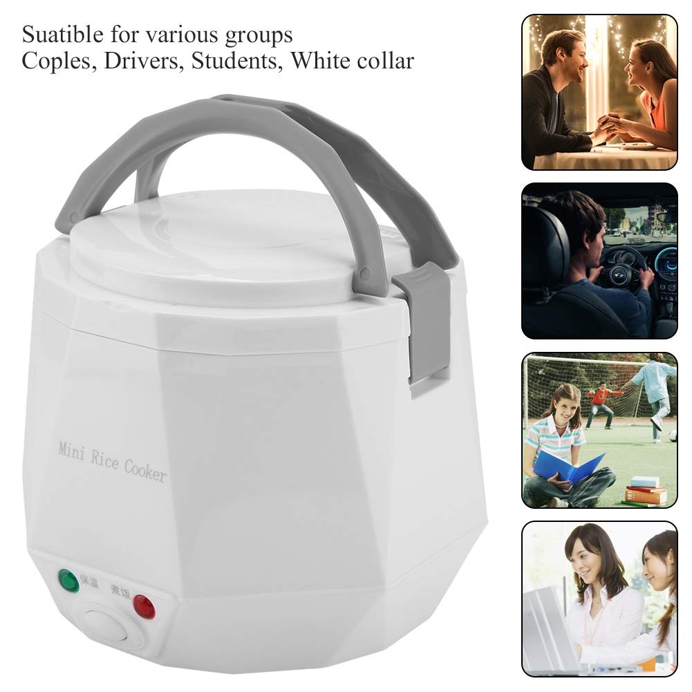 1.3 L Electric Portable Multifunctional Rice Cooker Non-stick Pot Keep Warm Food Steamer for Cars Home Student Dormitory for 1-2 People 12V 100W (White)