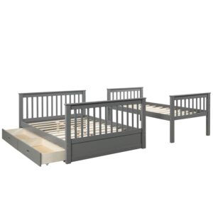 Twin Over Full Bunk Bed, Twin Over Full Bunk Bed with 2 Storage Drawers, Solid Wood Bunk Bed Frame with Guardrails and Ladder for Kids Boys Girls Teens Adults, No Box Spring Needed, Grey