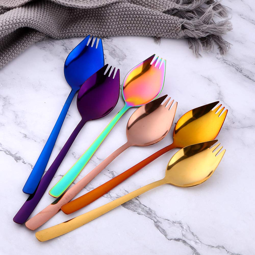 Dongbo 12 Pieces Sporks, 7.6-Inch Stainless Steel Salad Fork and Ice Cream Spoon for Cheese, Fruit and Noodle, Black