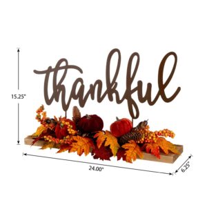 Glitzhome Autumn Harvest Table Centerpiece - Metal Thankful Sign with 24" L Artificial Floral Maple Leaves Pumpkins Pinecones and Berries Arrangement for Harvest Party Thanksgiving Fall Ornaments