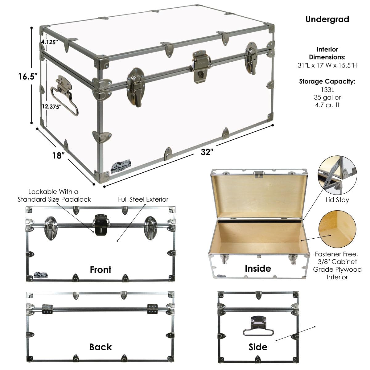 C&N Footlockers - Large Undergrad Storage Trunk - Made in the USA - Only STEEL Footlocker on Amazon - Durable Chest with Lid Stay - 32 x 18 x 16.5 Inches (Gray)