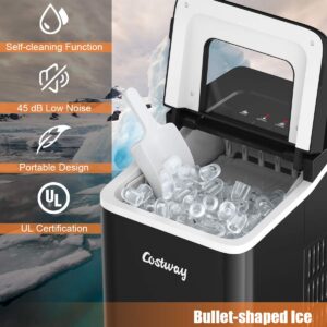 COSTWAY Ice Maker for Countertop, Bullet Ice Cubes Ready in 8 Mins, 26Lbs/24H Ice Machine with Self-Cleaning Function, Scoop and Removable Basket, Black