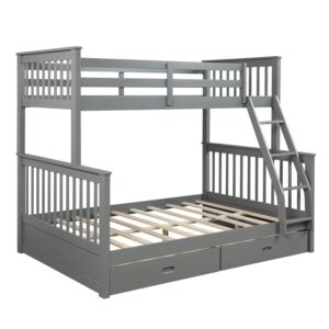 Twin Over Full Bunk Bed, Twin Over Full Bunk Bed with 2 Storage Drawers, Solid Wood Bunk Bed Frame with Guardrails and Ladder for Kids Boys Girls Teens Adults, No Box Spring Needed, Grey