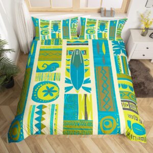 exotic tiki pattern duvet cover, tropical pinebedding set, tribal style for kids boys girls comforter cover, abstract ocean beach quilt cover bed decor with 2 pillow shams queen size, blue