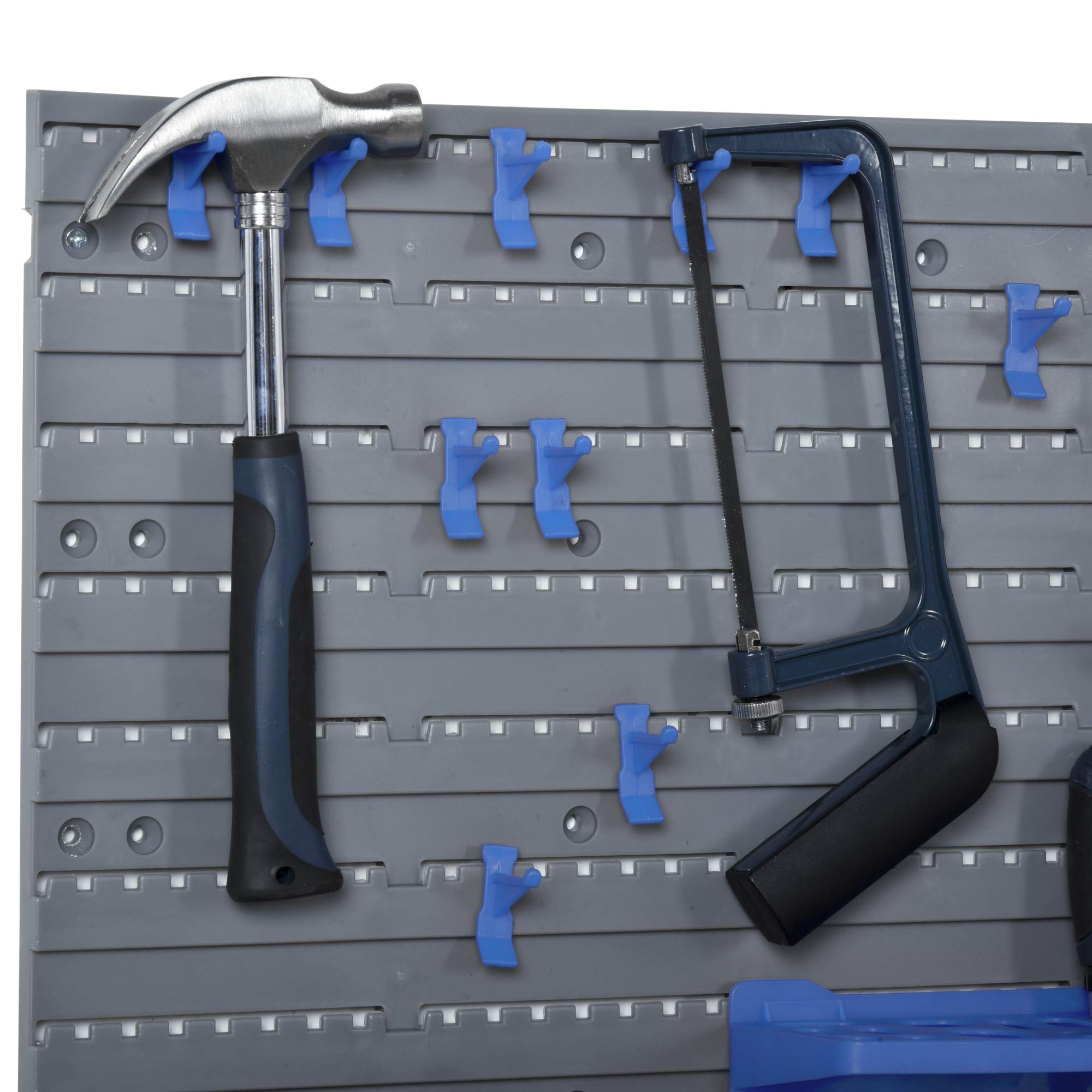 DURHAND 44 Piece Wall Mounted Pegboard Tool Organizer Rack Kit with Various Sized Storage Bins, Pegboard, & Hooks, Blue