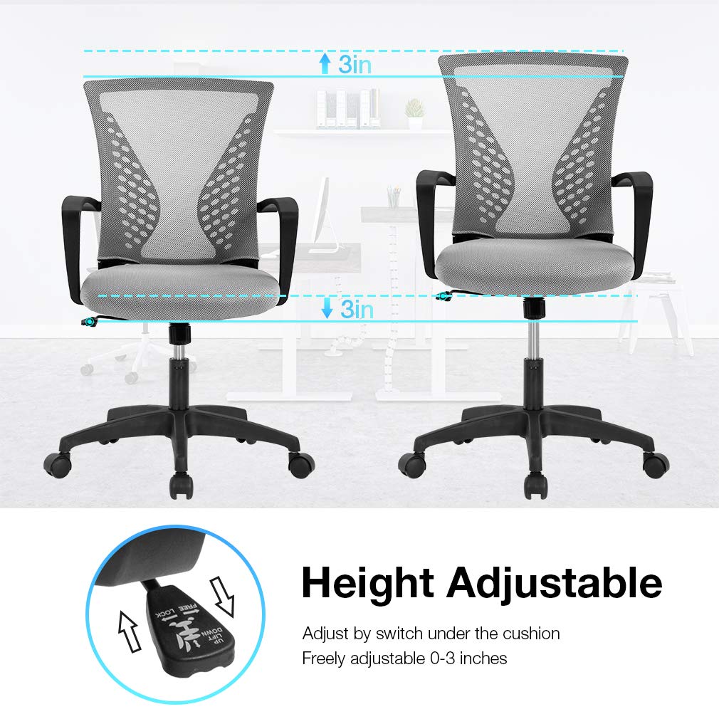 Ergonomic Office Chair Desk Computer Mesh Executive Task Rolling Gaming Swivel Modern Adjustable with Mid Back Lumbar Support Armrest for Home Women Men (Grey)