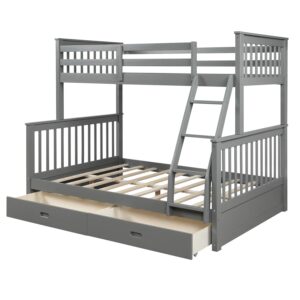 Twin Over Full Bunk Bed, Twin Over Full Bunk Bed with 2 Storage Drawers, Solid Wood Bunk Bed Frame with Guardrails and Ladder for Kids Boys Girls Teens Adults, No Box Spring Needed, Grey