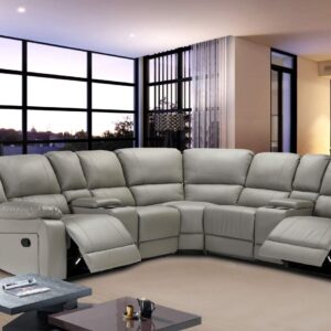 FREESNOOZE Manual Reclining Sectional Sofa Recliner Sofa with Cup Holders and 2 Storage Consoles for Living Room Furniture(PU Grey)