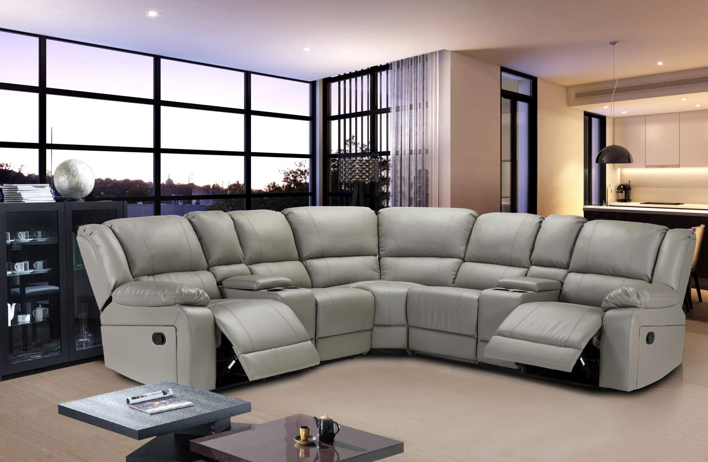 FREESNOOZE Manual Reclining Sectional Sofa Recliner Sofa with Cup Holders and 2 Storage Consoles for Living Room Furniture(PU Grey)