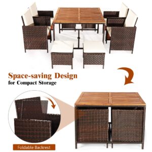 Tangkula 9 Pieces Acacia Wood Patio Dining Set, Space Saving Wicker Chairs and Wood Table with Umbrella Hole Outdoor Furniture Set, Suitable for Garden, Yard, Poolside, Outdoor Seating Set (White)